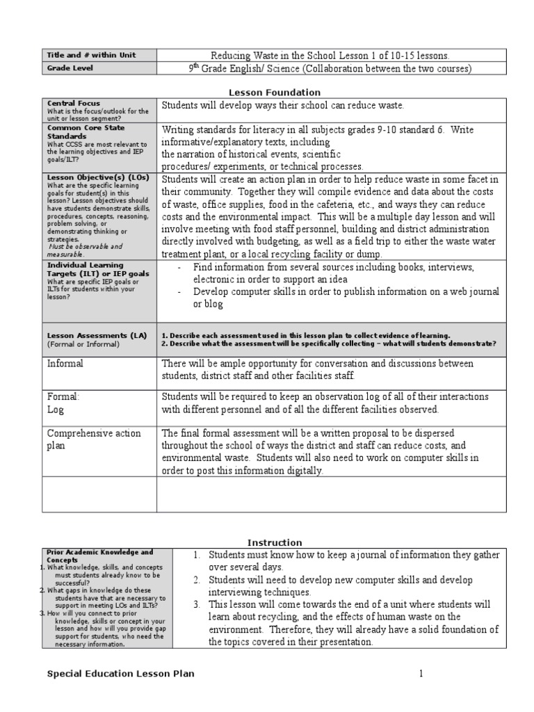 605 4 Environmental Lesson Plan | PDF | Lesson Plan | Special Education