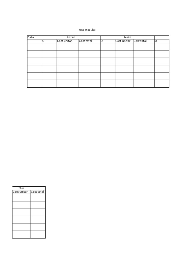 Fisa Stocului Data Intrari Iesiri Stoc Q Cost Unitar Cost Total Q Cost ...