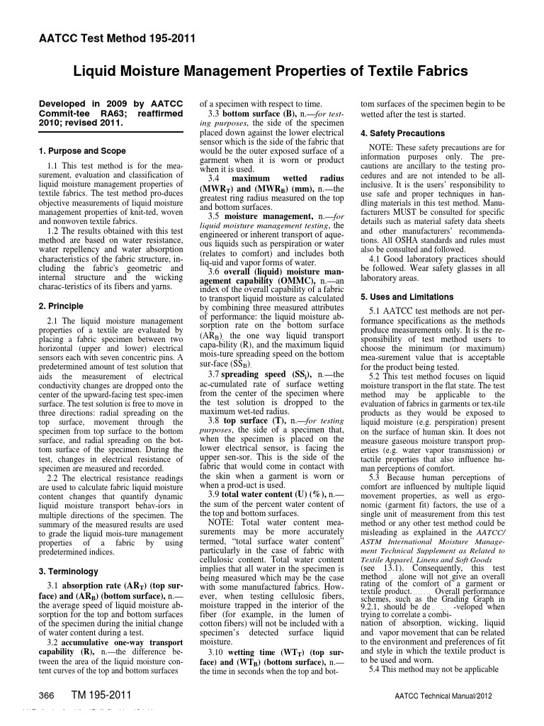 Aatcc195-2011 Liquid Moisture Management Properties of Textile Fabrics ...