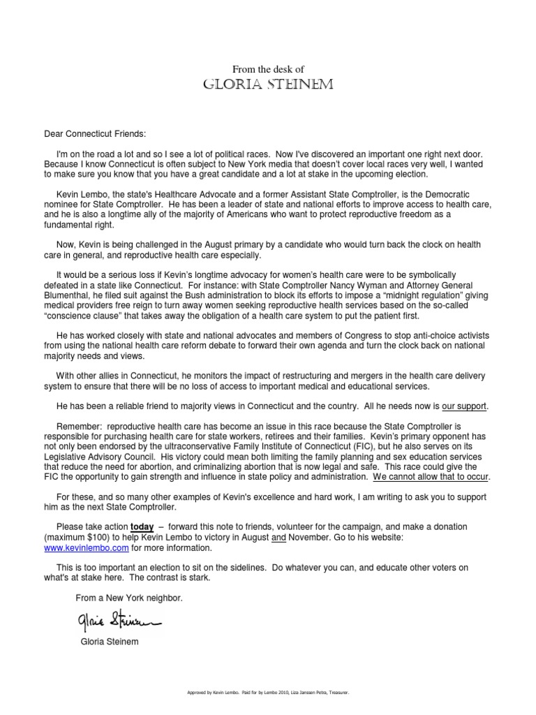 Letter From Gloria Steinem | PDF | Health Care | Reproductive Health