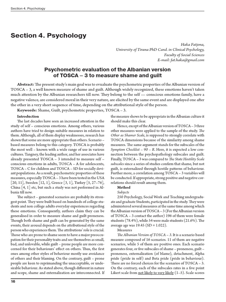 Albanian TOSCA-3 Psychometric Study | PDF | Shame | Obsessive ...