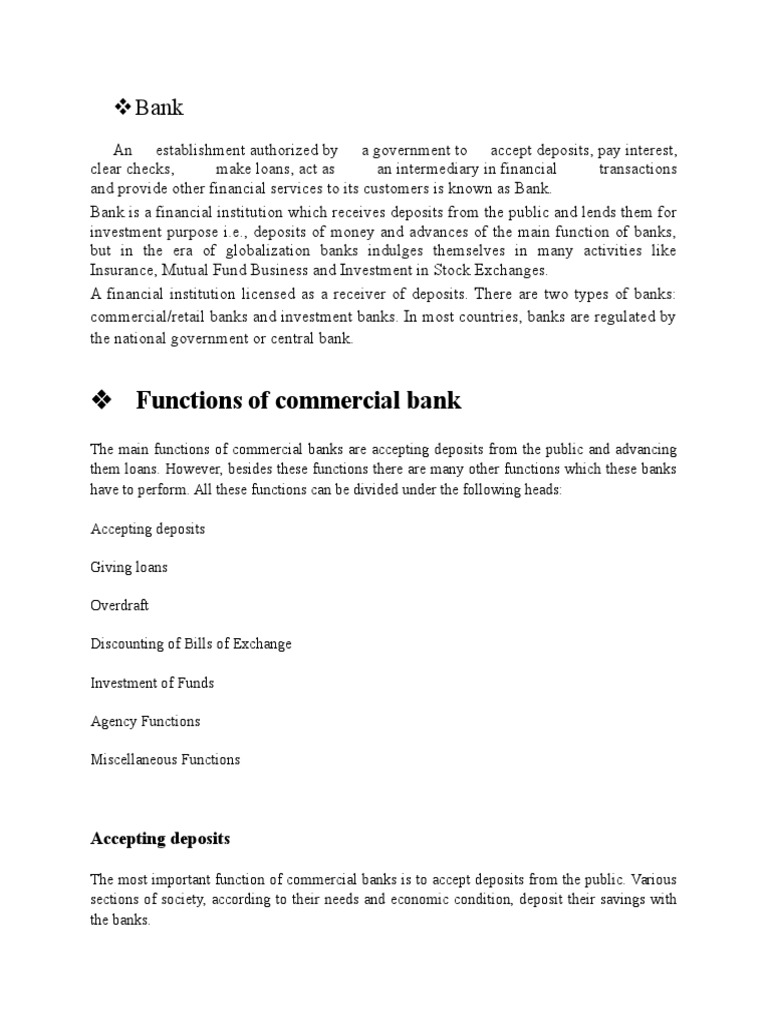 Functions of Commercial Bank | PDF