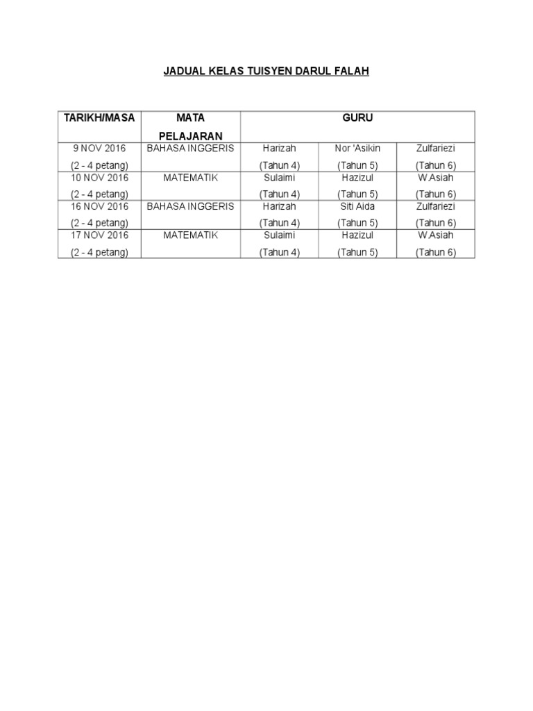 Contoh Jadual Kelas Tuisyen | PDF