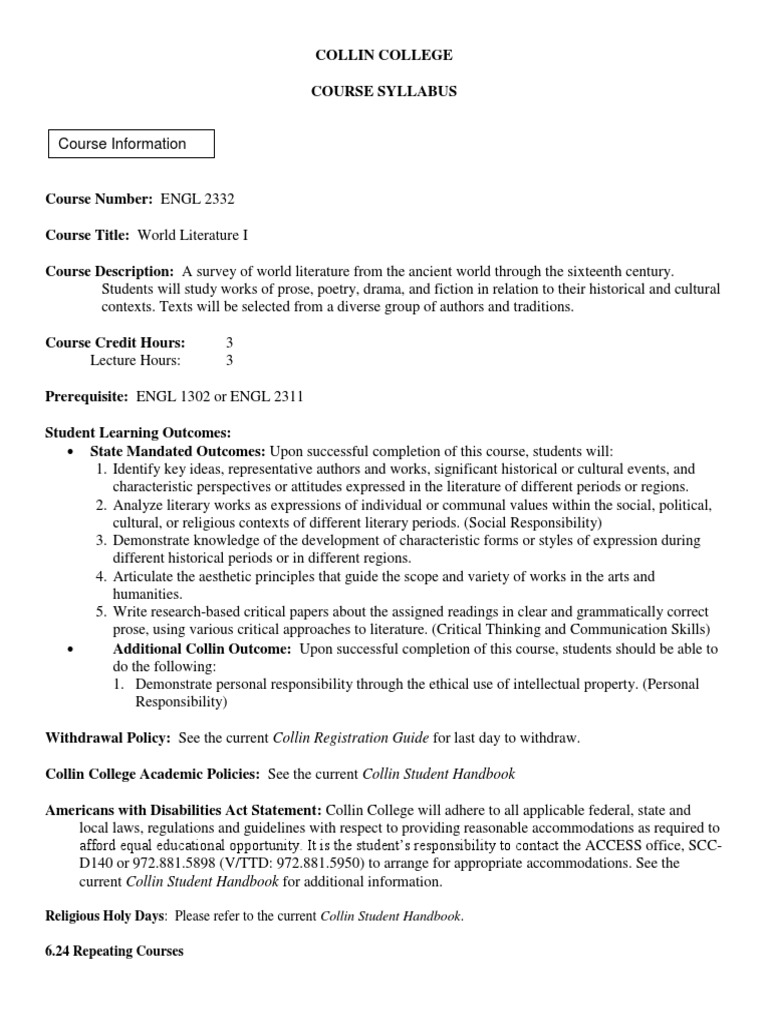 ENGL 2332 2017 Syllabus | PDF | Test (Assessment) | Essays