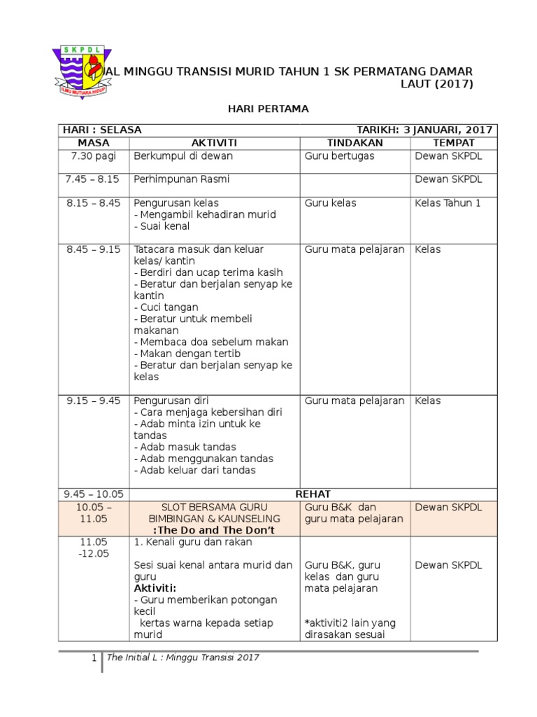 Jadual Minggu Transisi Tahun 1 2017 | PDF | Seni
