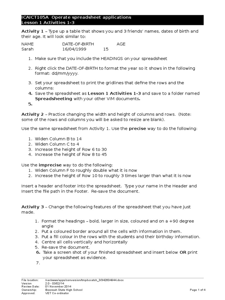 Lesson 1 Activities 1 3 And Class Exercise 1 Pdf Spreadsheet Computer File