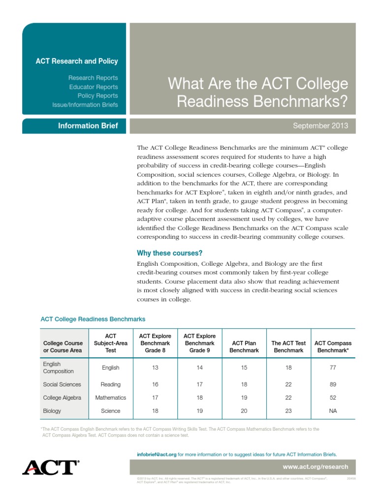 ACT College Readiness Benchmarks | PDF | Act (Test) | Cognition