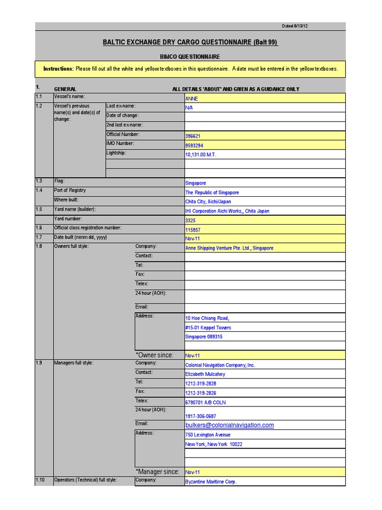Baltic Exchange Dry Cargo Questionnaire (Balt 99) | PDF