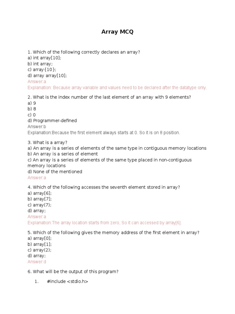 Mastering Arrays An In Depth Quiz On Array Concepts In C Pdf Array Data Structure Data Type