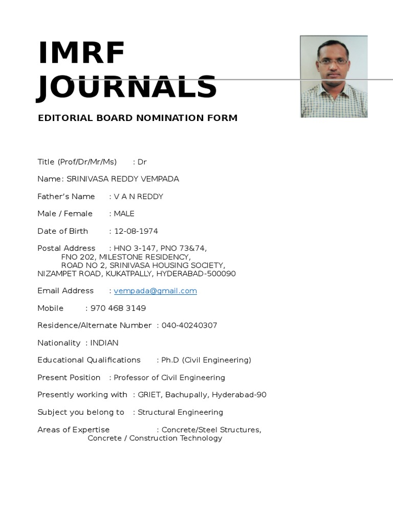 Imrf Journals: Editorial Board Nomination Form | PDF | Career & Growth