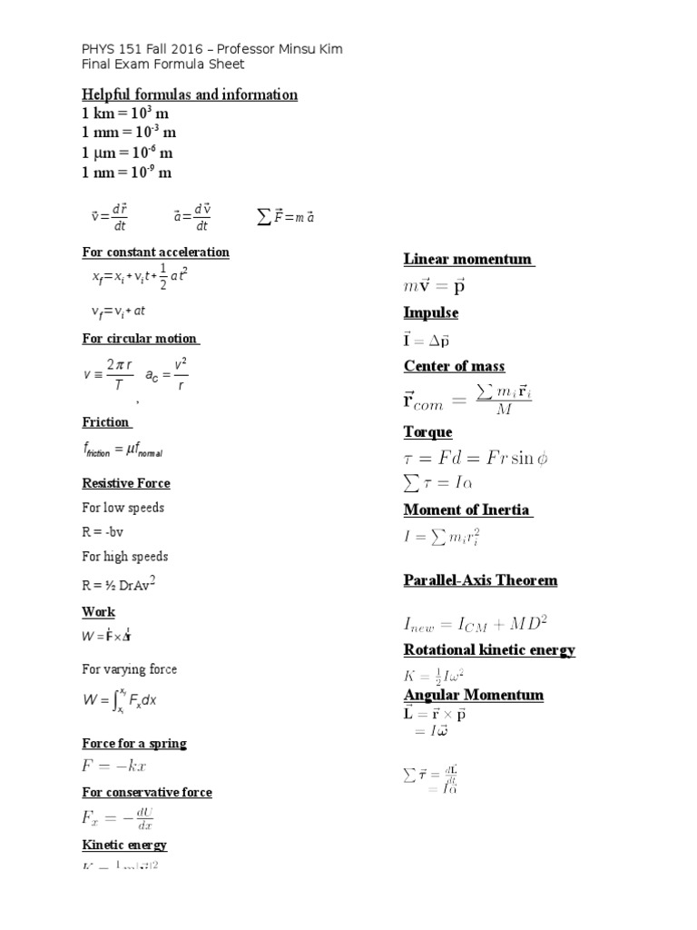 PHYS 151 Final Exam Formula Sheet | PDF | Teaching Methods & Materials ...