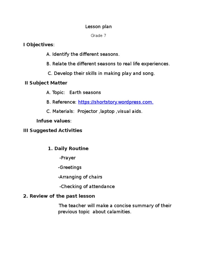 I Objectives:: Grade 7 | PDF | Lesson Plan | Behavior Modification