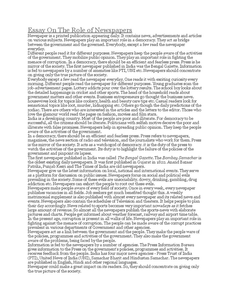 Essay On The Role of Newspapers | PDF | Newspapers | News Media