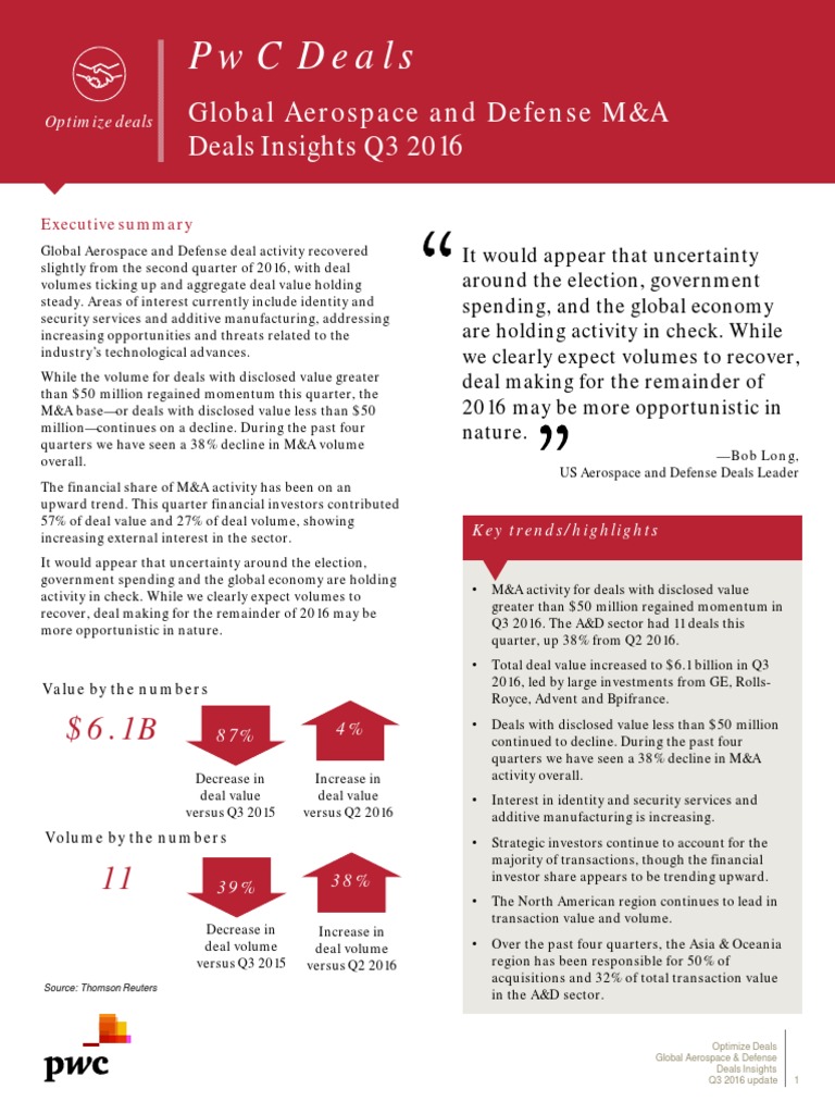 PWC Aerospace Defense Industry Mergers Acquisitions q3 2016 | PDF ...