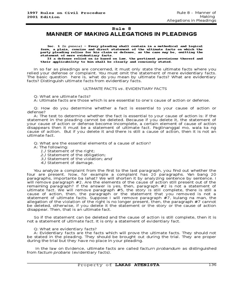 Rule 08-Manner of Making Allegations | PDF | Pleading | Negligence