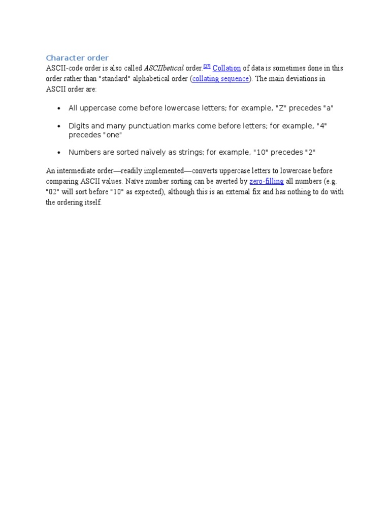 Character Order: Collation Collating Sequence | PDF