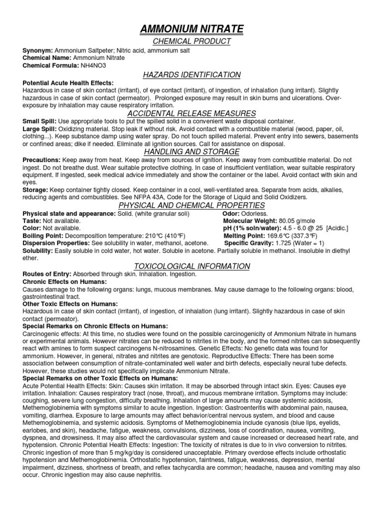 Ammonium Nitrate MSDS | PDF | Nausea | Nitrate