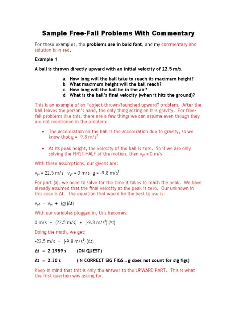 Sample Free-Fall Problems With Commentary: For These Examples, The ...