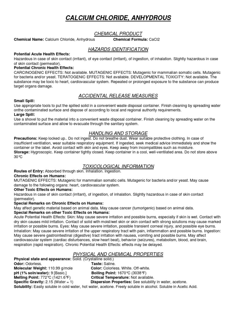 Calcium Chloride MSDS | PDF | Toxicity | Burn