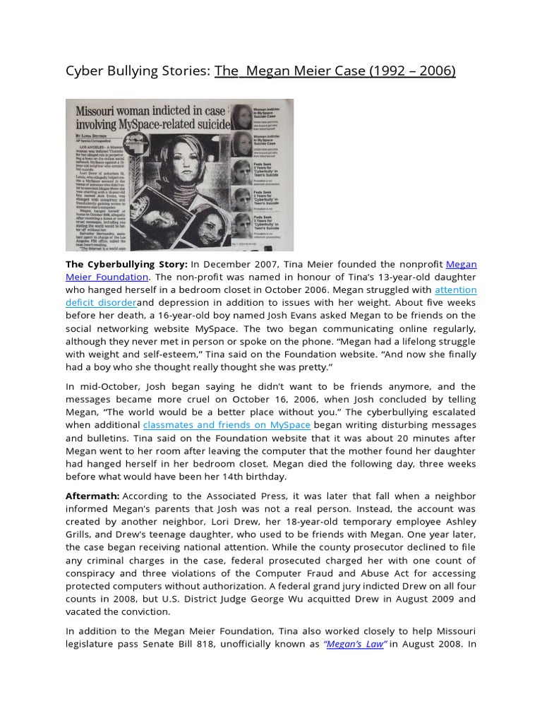 Cyber Bullying Stories: The Megan Meier Case (1992 - 2006) | PDF ...