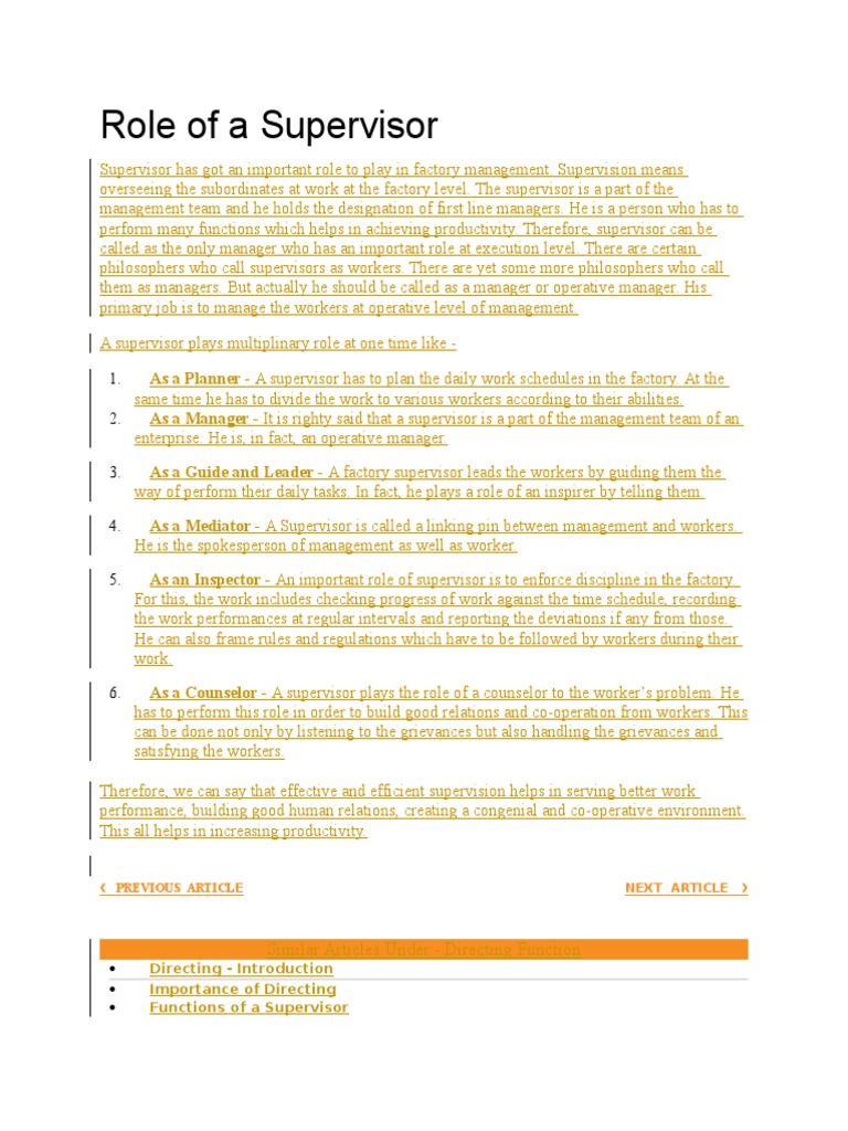 Role of A Supervisor | PDF | Supervisor | Profit (Accounting)