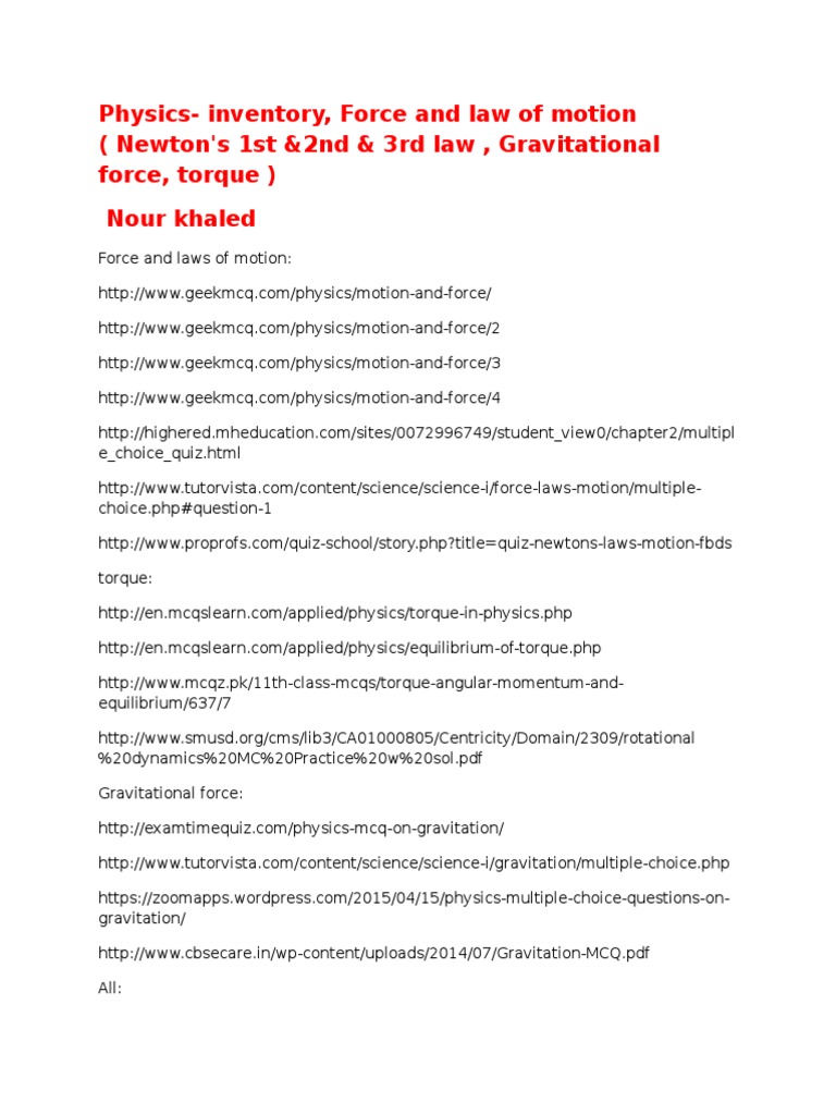 Physics-Inventory, Force and Law of Motion (Newton's 1st &2nd & 3rd Law ...