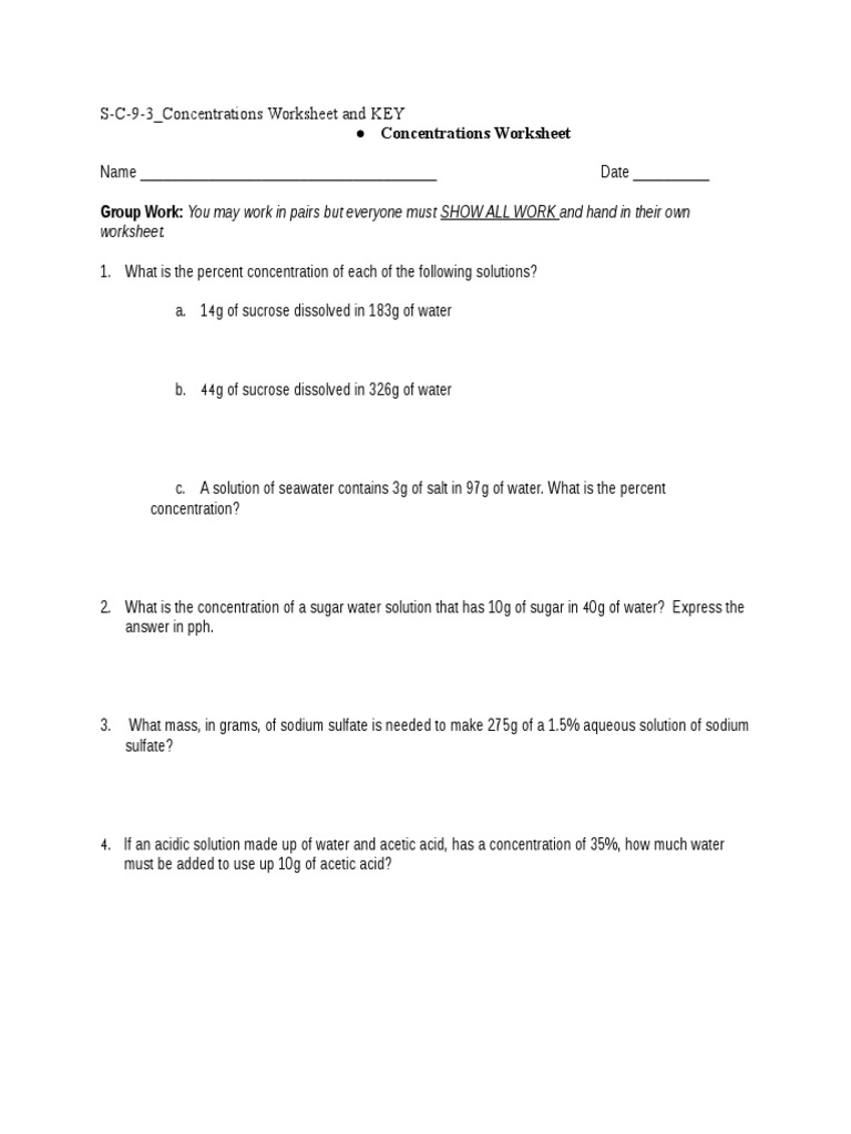 Concentrations Worksheet | PDF | Solution | Concentration