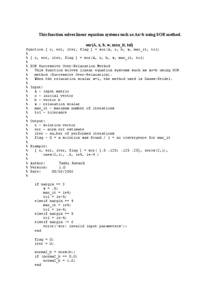 This Function Solves Linear Equation Systems Such As Ax B Using SOR ...