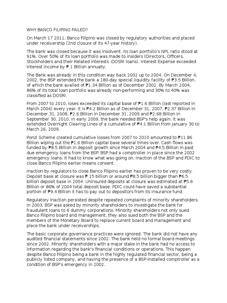 Why Banco Filipino Failed | PDF | Deposit Insurance | Banks