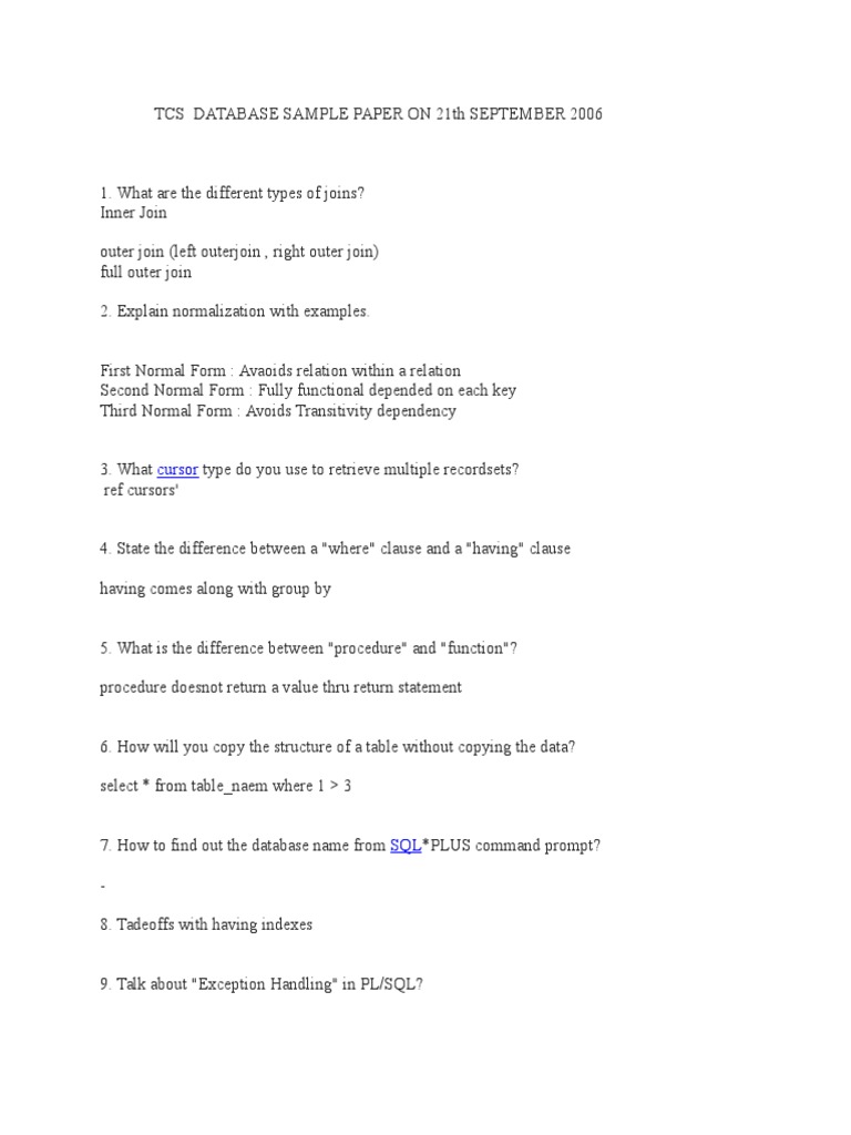 TCS Database Questions | PDF | Pl/Sql | Sql