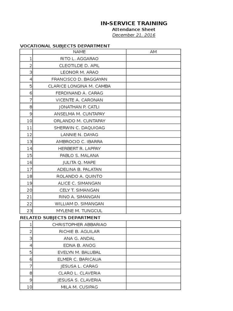 In-Service Training Attendance Sheet | PDF