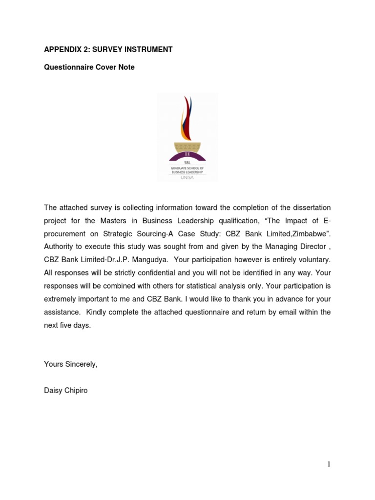 Appendix 2: Survey Instrument Questionnaire Cover Note | PDF ...