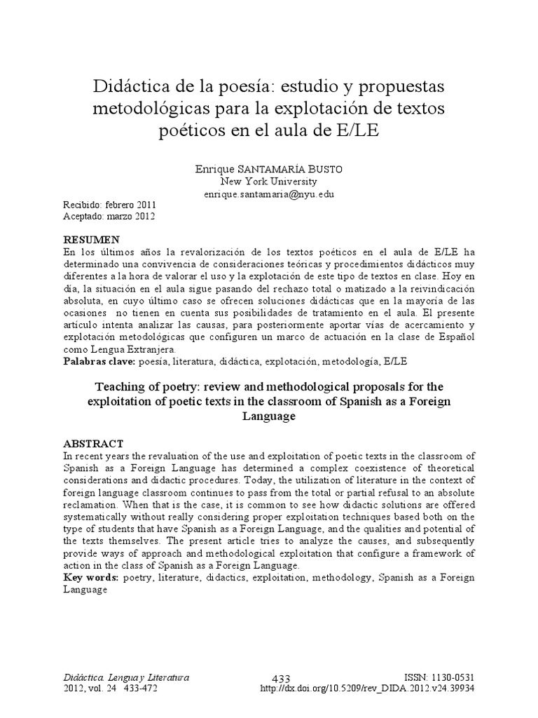 Didáctica de la poesía en E/LE: propuestas | PDF | Lectura (proceso ...