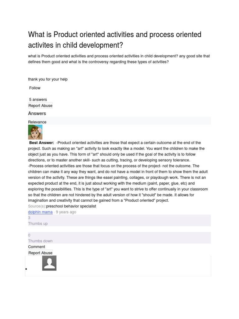 Product oriented vs process oriented activities child development | PDF
