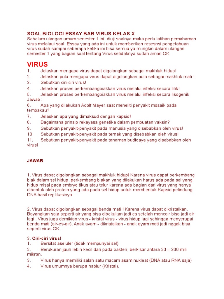 Soal Essay Virus Kelas 10 Semester 1 | PDF