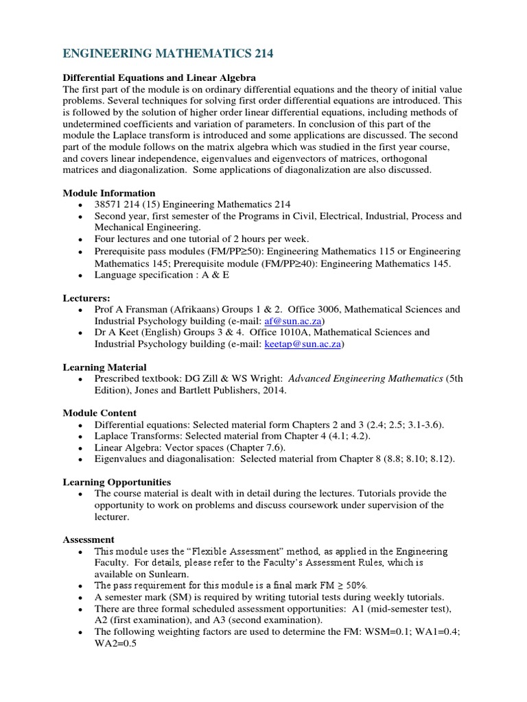 ENG MATHS 214 DIFF EQ & LIN ALG | PDF | Matrix (Mathematics) | Linear ...