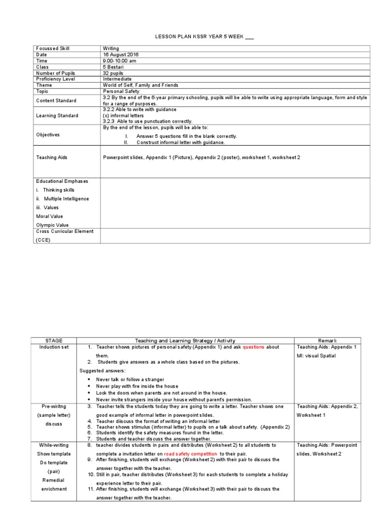 Lesson Plan KSSR Year 5 Week | PDF | Lesson Plan | Quality Of Life