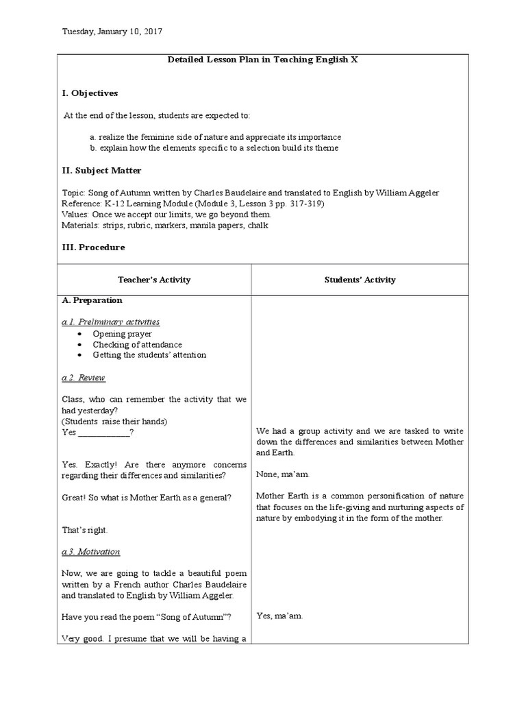 Detailed Lesson Plan in Teaching English 10 | PDF | Lesson Plan | Poetry