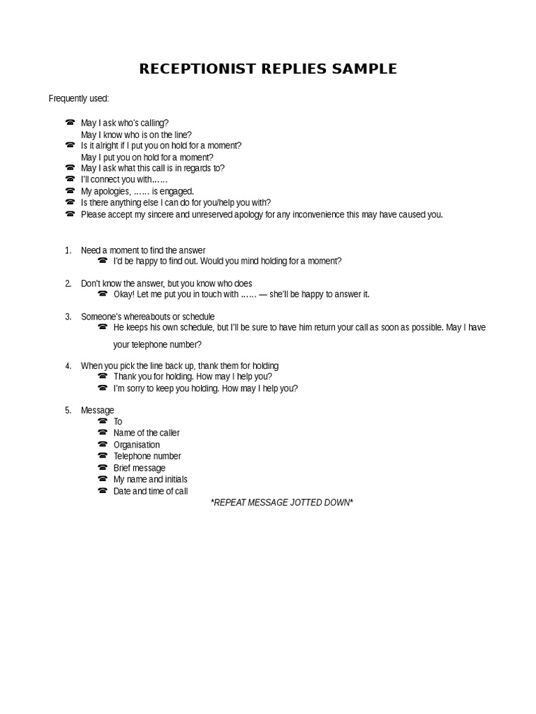 Receptionist Greeting Samples | PDF | Telephony | Telecommunications