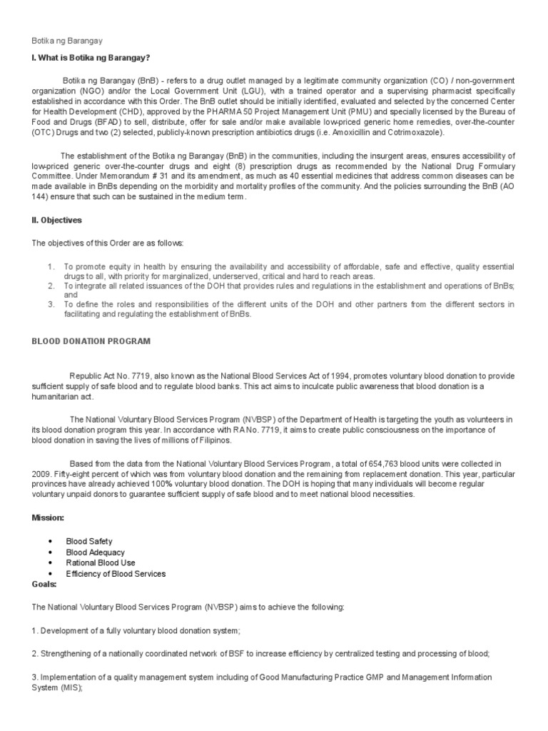 I. What Is Botika NG Barangay?: Blood Donation Program | PDF | Smoking ...