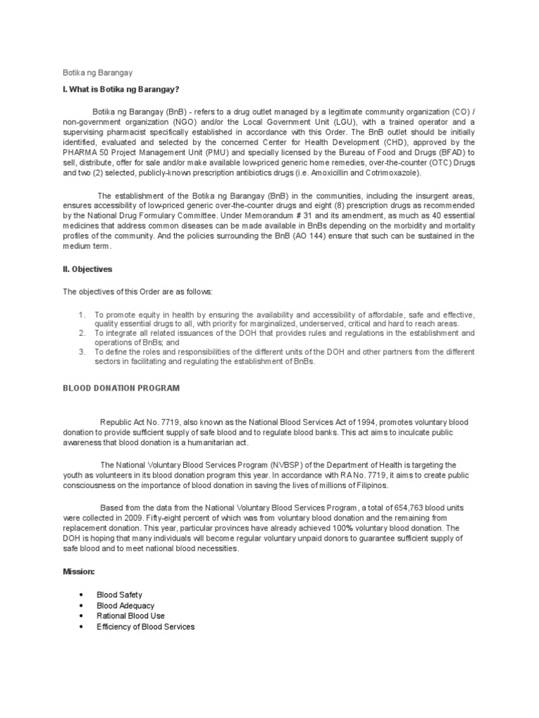 I. What Is Botika NG Barangay?: Blood Donation Program | PDF ...