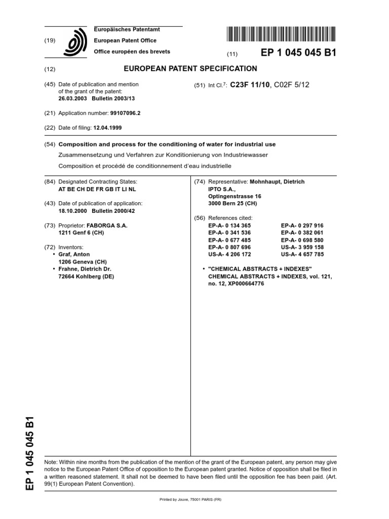 European Patent Specification C23F 11/10, C02F 5/12: Printed by Jouve ...