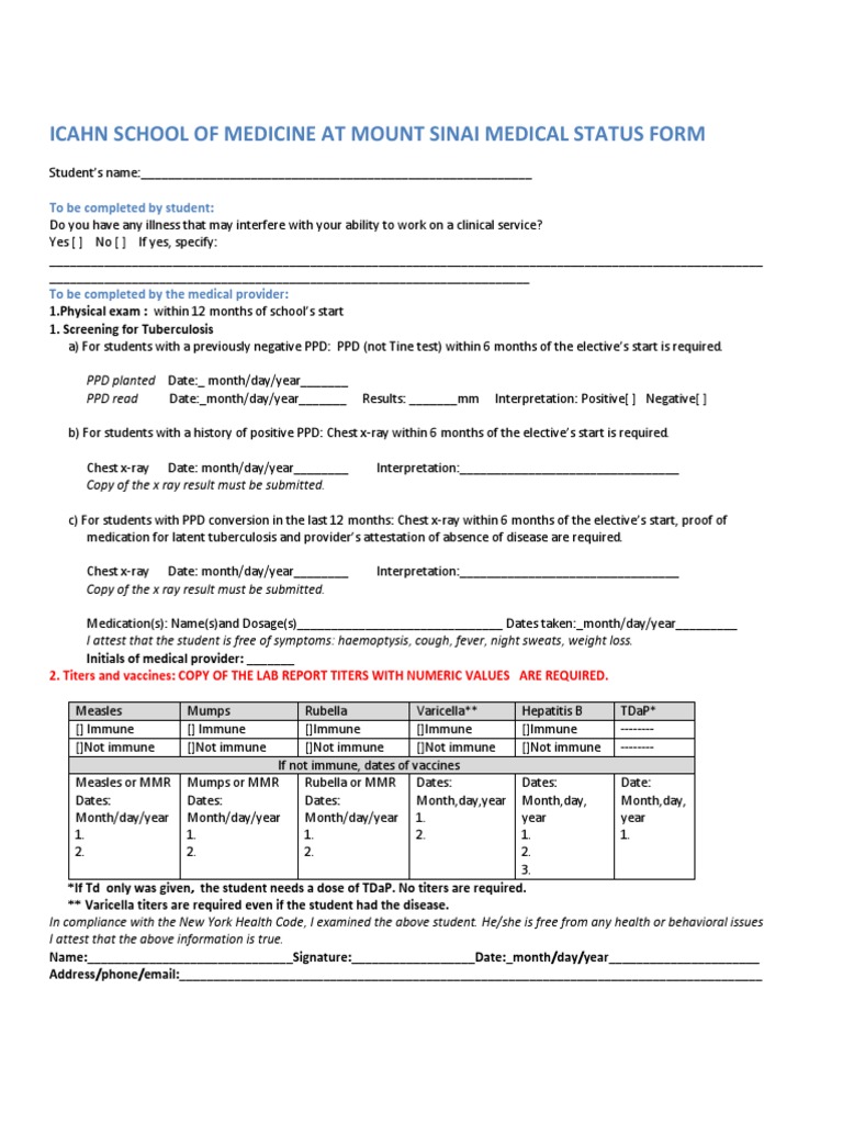 Medical Status Form - Mt. Sinai PDF | PDF