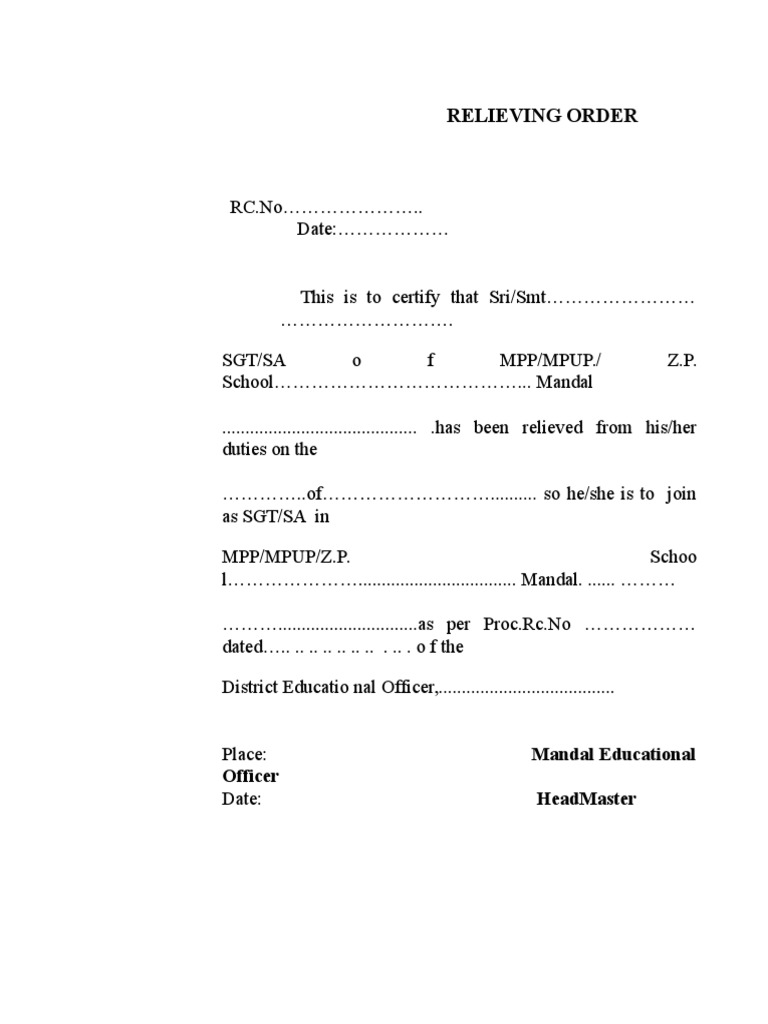 Relieving Order for Teacher Transfer Between Schools | PDF
