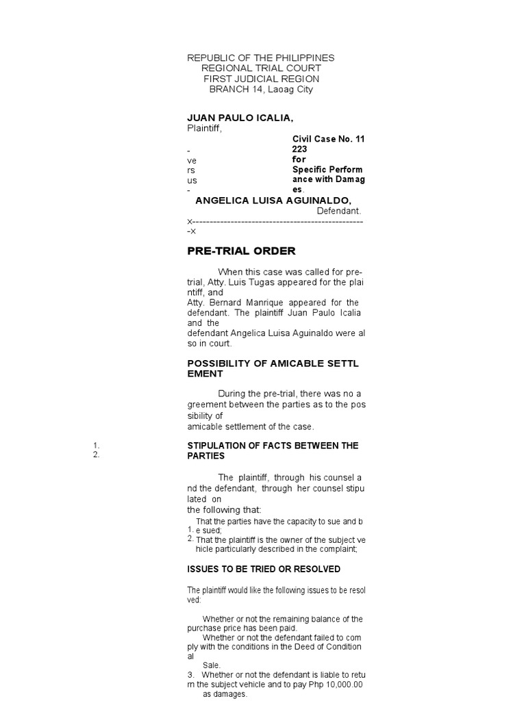 Pre Trial Order Civil Case | PDF | Lawsuit | Virtue