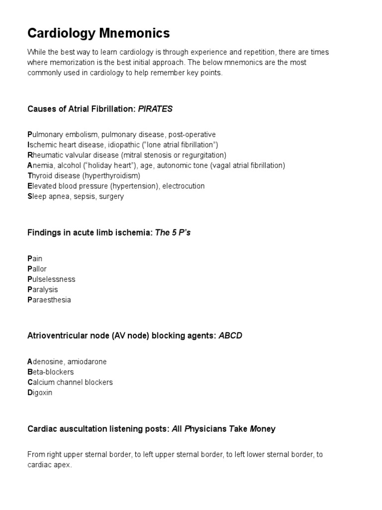 Cardiology and Medical Mnemonics | PDF | Heart | Cardiology