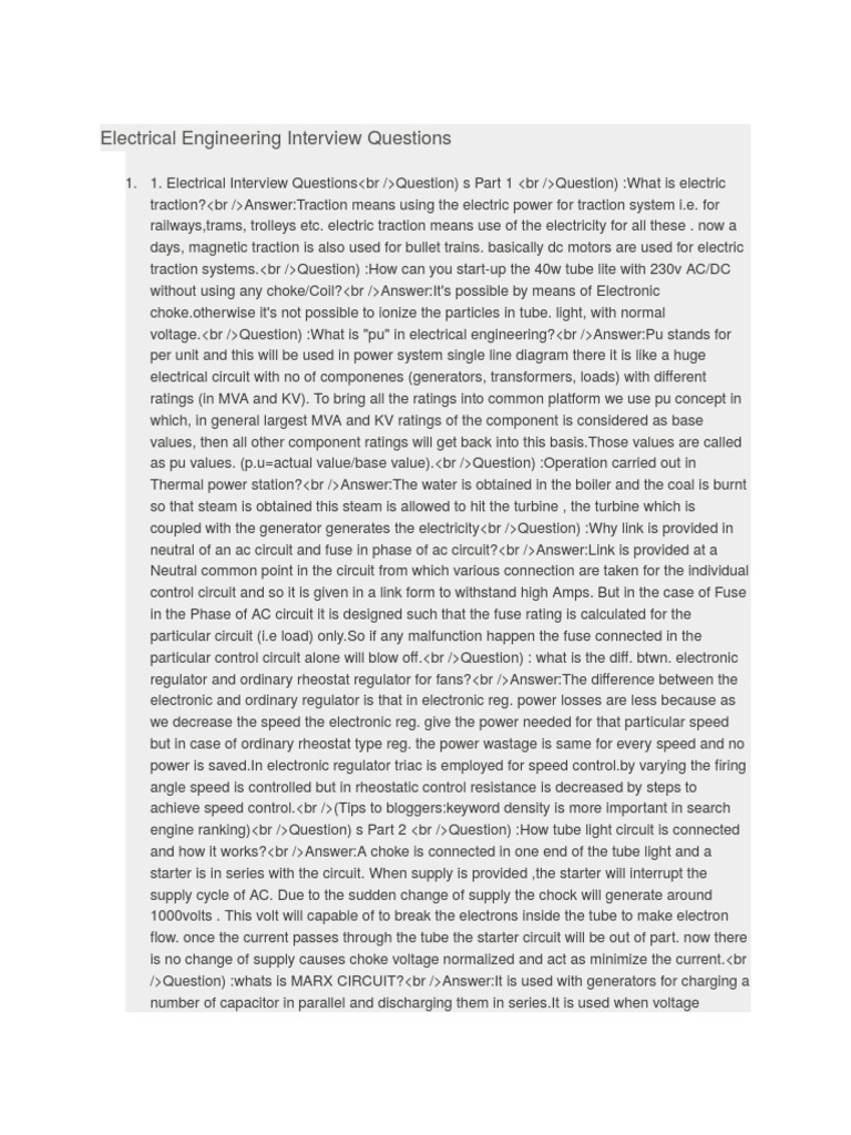 Electrical Engineering Interview Questions | PDF | Transformer ...