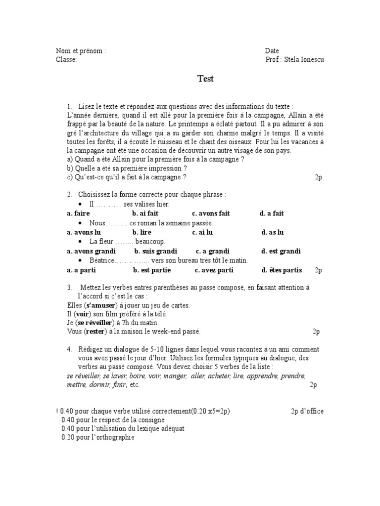 Test sur le passé composé CE1 | PDF