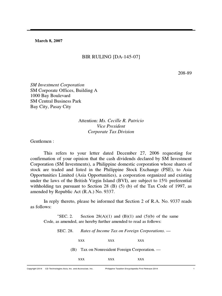 BIR Ruling [DA-145-07] March 8, 2007 | Dividend | Taxes