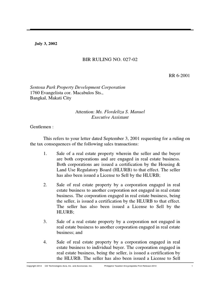 BIR Ruling 27-2002 July 3, 2002 | PDF | Taxation In The United States ...